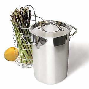 RSVP International Endurance Kitchen Cookware Collection Stainless Steel Asparagus Steamer Pot & Lid with Chromed Steel Basket Insert, 3 Quart Capacity, 5.5" Diameter