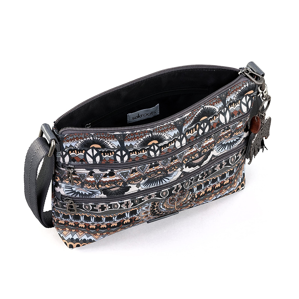 Sakroots Artist Circle Basic Crossbody Bag in Canvas, Multifunctional Purse, Grey One World