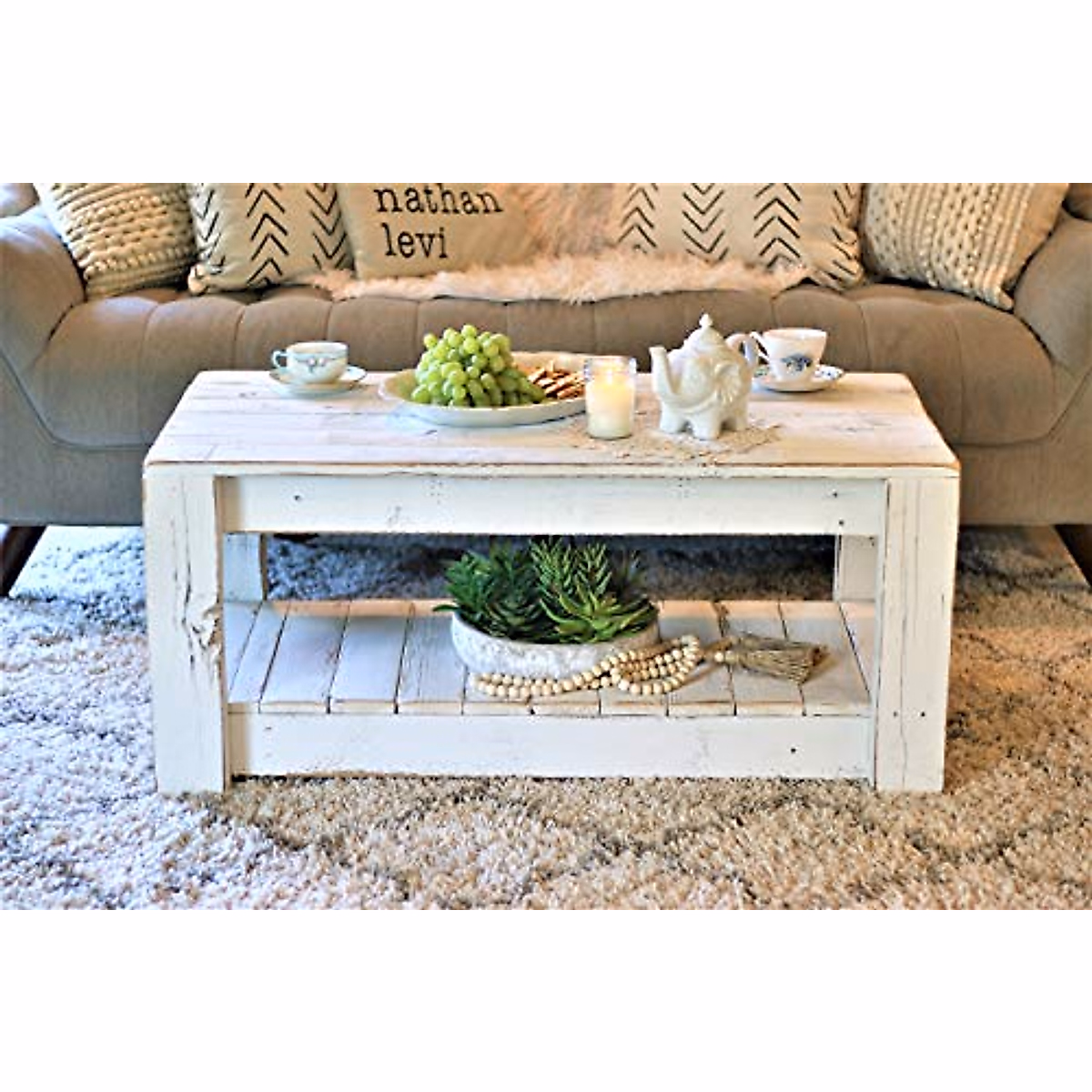 White Farmhouse Coffee Table with Shelf
