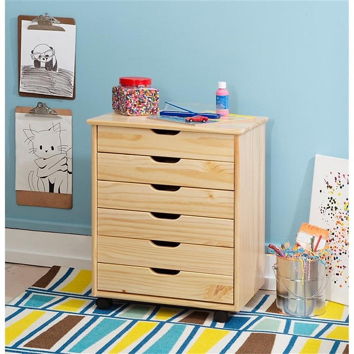 Linon Callie Multipurpose Six Drawer Dresser Wide Wood Rolling File Cabinet Storage Cart in Natural