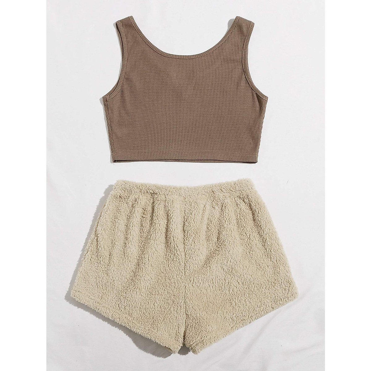 Milumia Womens Two Piece Pajamas Crop Tank Top Tie Waist Fluffy Teddy Shorts Lounge Set (A Brown and Beige, Medium)