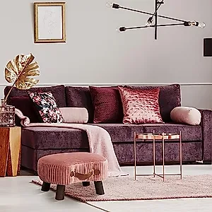 Small Curved Foot Stool with Handle, Pink Velvet Footstool and Ottomans, Modern Foot Rest with Wooden Legs, Step Stool with Padded Seat for Couch, Living Room