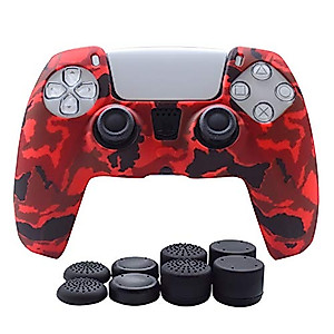 PS5 Controller Grips-Hikfly Silicone Cover for PS5 DualSense Controller Skin,Non-Slip Cover for Playstation 5 Controller- 1 x Skin with 8 x Thumb Grip Caps(Red)