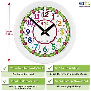 ertt Teaching Wall Clock - Learn The Time Wall Clock - Kids Analog Clock for Classroom, Playroom, Bedroom, Educational Room Decor - School Clock for Kids with Rainbow Face (29cm)