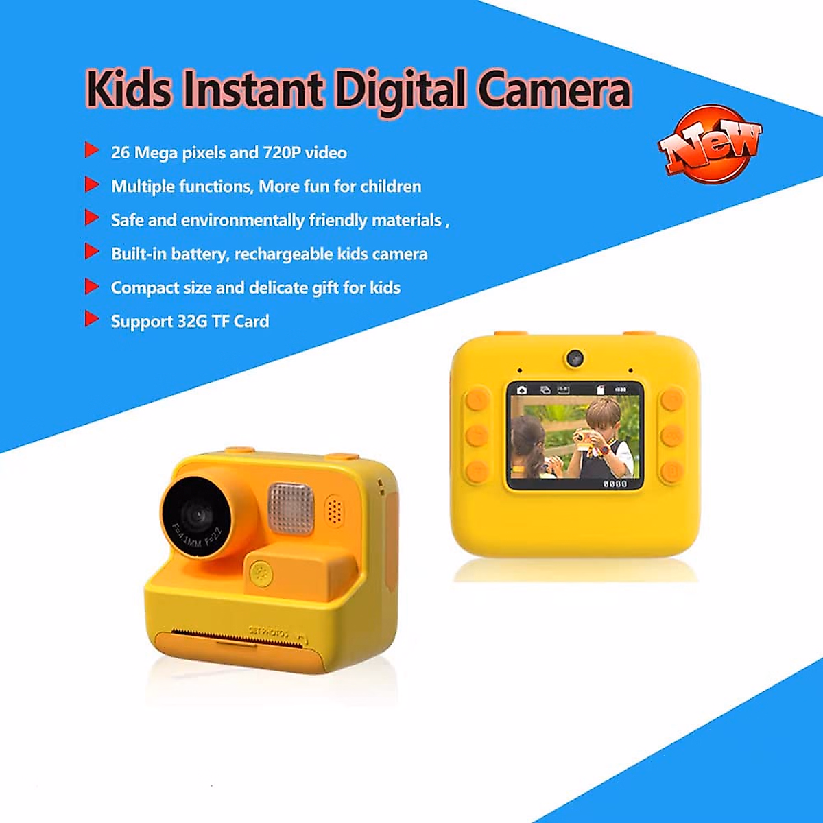 Kids Camera Instant Print, 48 Mega Pixels and 1080P Resolution HD Digital Video Cameras for Girls Boys 3-12 Years Old with 32GB SD Card,Color Pens,Print Papers(Yellow)