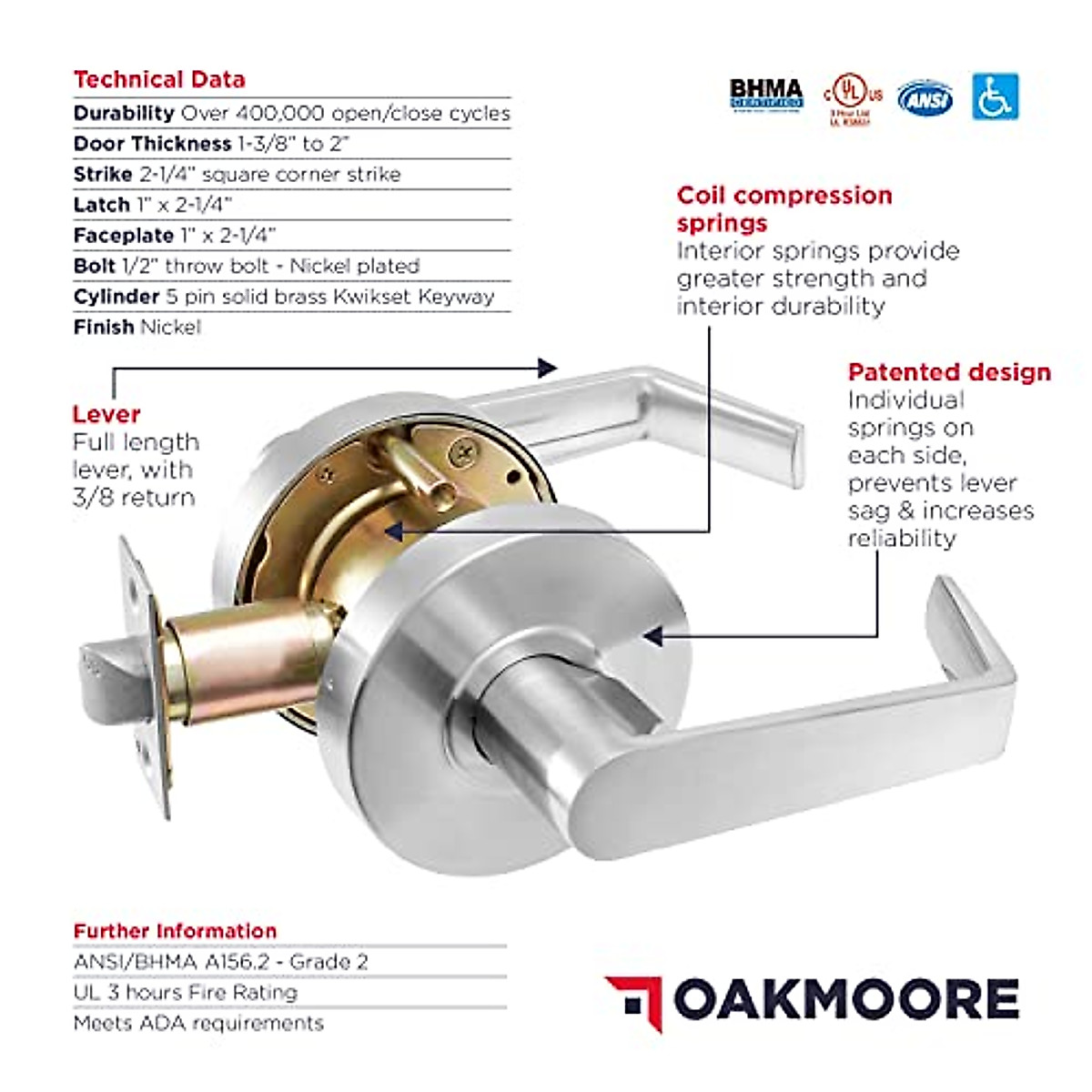 OAKMOORE Commercial Bathroom Door Handle (Privacy) – Heavy Duty Commercial Door Lock for Schools Offices Industrial Standard – Grade 2 UL CUL & ADA – Nickel Chrome – ANSI A156.2