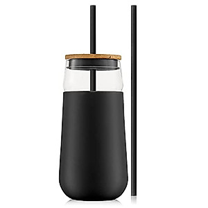 JoyJolt Tumbler with Lid and Straw and Silicone Sleeve. BPA Free, 20oz Glass Cup with Bamboo Lid (Black). Travel Tumbler for Car, Reusable Iced Coffee Cup or Glass Water Bottle with Lid and Straw
