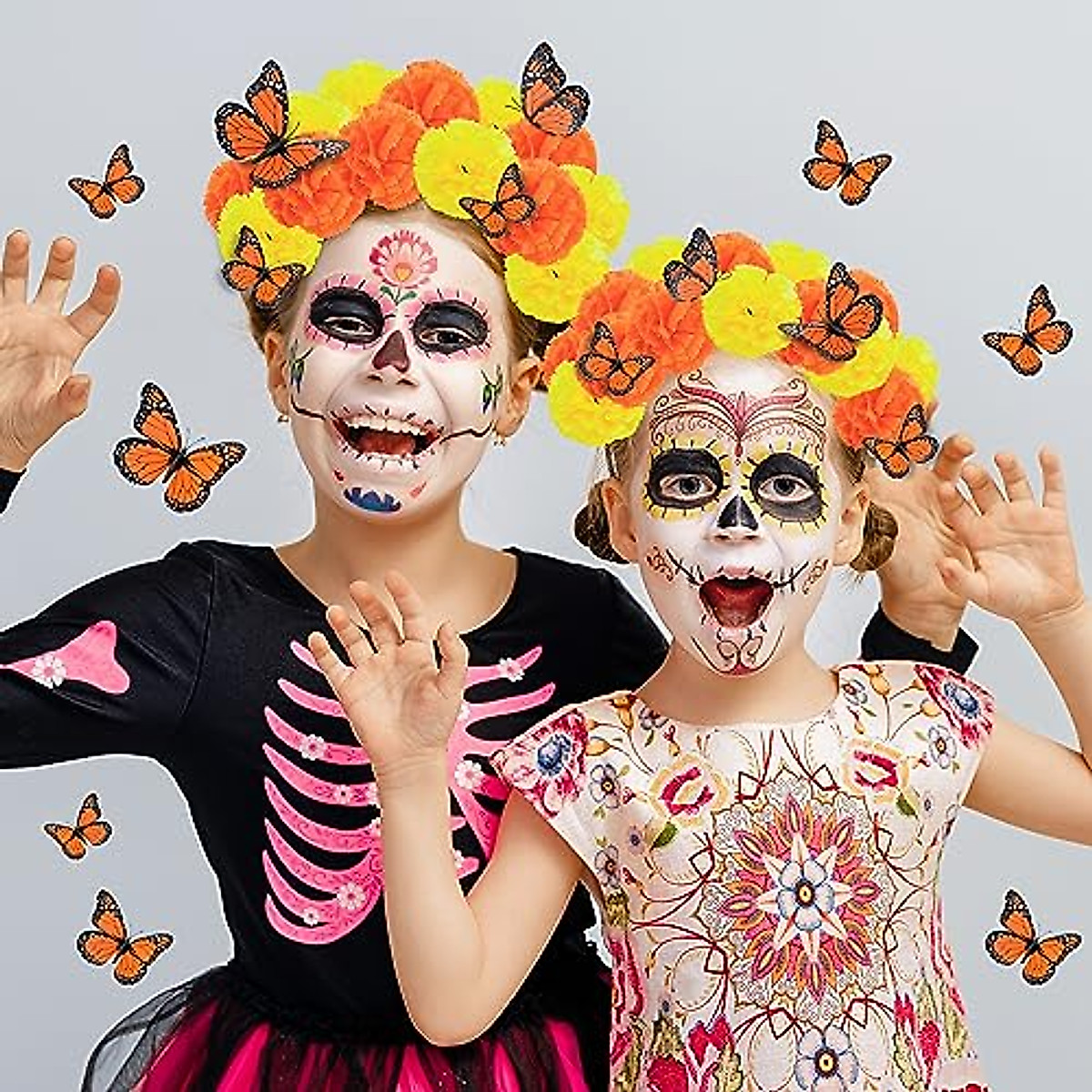 Day of The Dead Decorations Set of 3 Artificial Marigold Garland,30 Marigold Flowers with Stem,6 Butterfly,Dia de Los Muertos Decorations for Halloween Diwali Indian Party