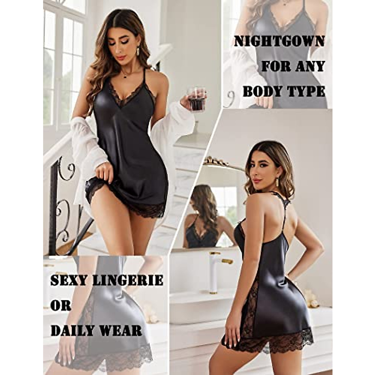 Avidlove Women's Slips Lingerie Nightgown Satin Lace Chemise Sexy Sleepwear S-4XL (Medium, Black)