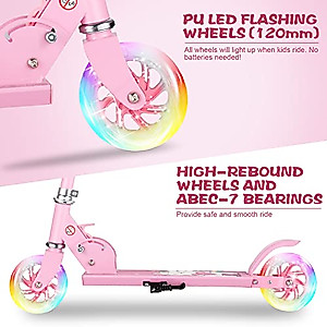 Scooter for Kids Ages 3-12 - Kids Kick Scooters with Led Light Up Wheels & 3 Levels Adjustable Handlebar, Lightweight Foldable 2 Wheel Girly Pink Scooter, Christmas Birthday Gifts for Girls Boys.