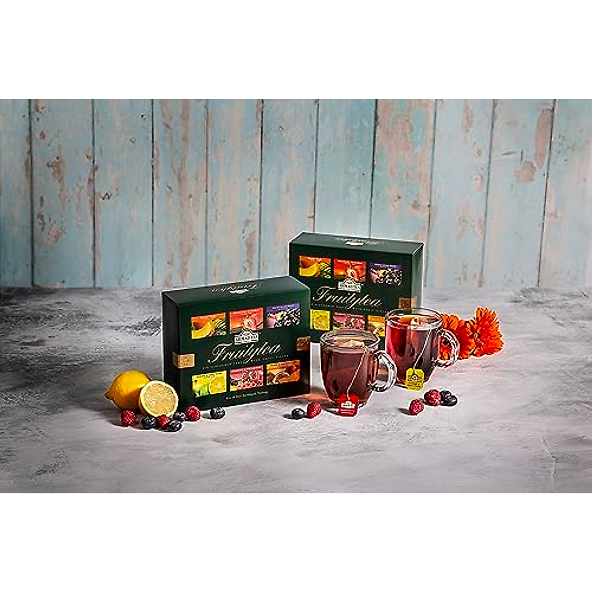 Ahmad Tea Black & Green Tea, Fruitytea Assorted Sampler Variety Gift Box, 60 Foil Teabags - Caffeinated & Sugar-Free