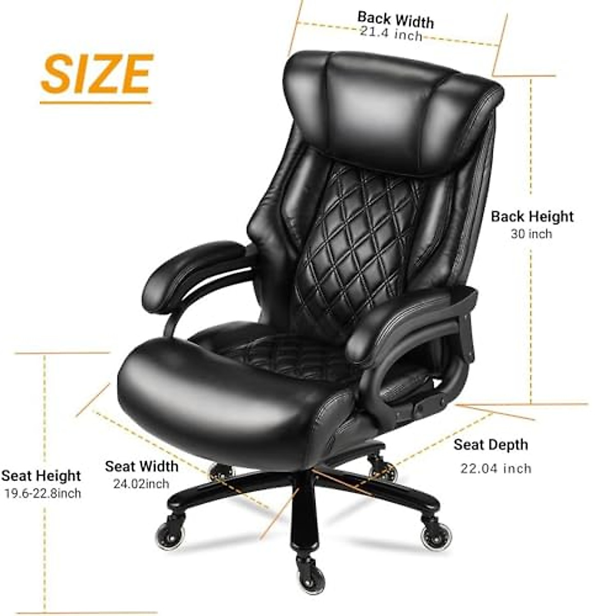 WILLMITA 500lbs Big and Tall Office Chair with Air Lumbar Support Executive Office Chair with Wide Spring Seat Home Office Desk Chair for Heavy People PU Leather 360 Swivel Computer Chair (Black)