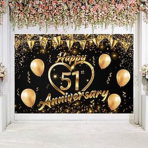 Happy 51st Anniversary Backdrop Banner Decor Black Gold – Glitter Love Heart Happy 51 Years Wedding Anniversary Party Theme Decorations for Women Men Supplies, 3.9 x 5.9 ft