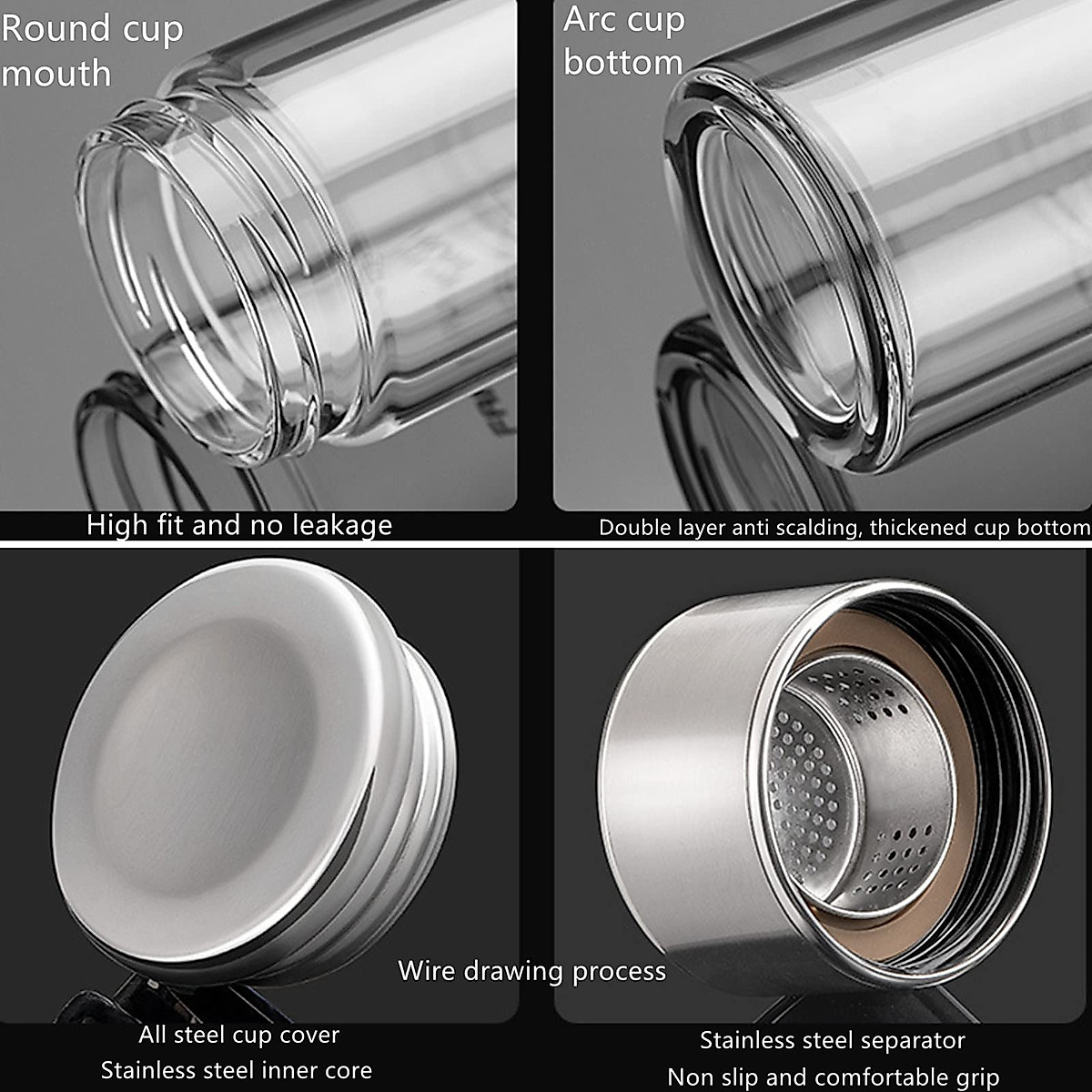 LeYin double wall glass water bottle, travel cup with filter screen, tea and water separation cup for fruit loose leaf tea and cold brewing coffee (silver)