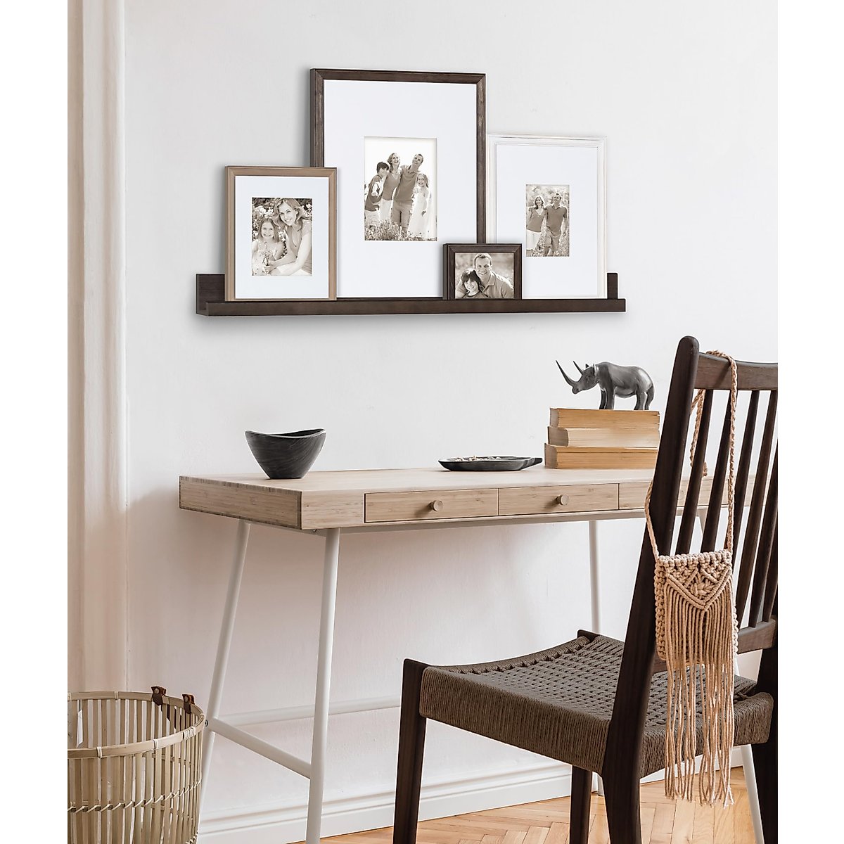Kate and Laurel Bordeaux Gallery Floating Shelf and Wall Frame Kit, Set of 5, Multiple Finishes, Assorted Size Wooden Frames and Display Shelf