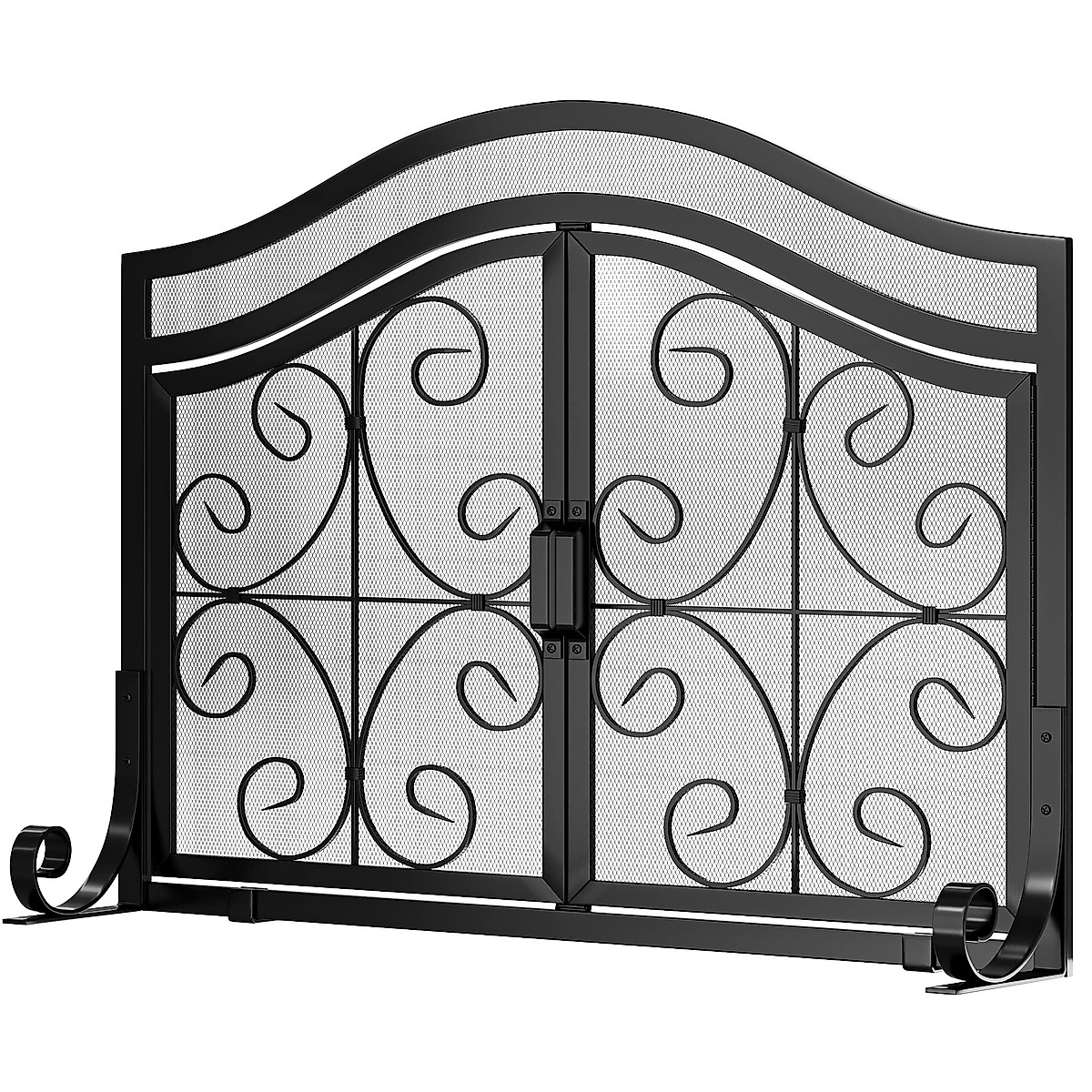 YITAHOME Folding Fireplace Screen with Doors, 50.39x32.28in Large Flat Guard Indoor Fireplace Screens Solid Wrought Iron Frame with Metal Furnace Fireguards Safe Spark Protector for Living Room, Black