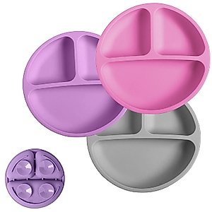 Silikong Suction Plate for Toddlers | BPA Free, 100% Food-Grade Silicone | Microwave, Dishwasher and Oven Safe | Stay Put Divided Baby Feeding Plates (3, Pink/Purple/Grey)