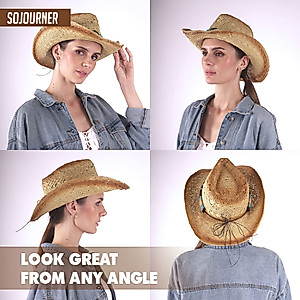 SoJourner Bags Straw Cowgirl/ Cowboy Hat for Women & Men - Cute Fun Hats for The Beach, Western Wear - Designed with Turquoise Beads Band and Adjustable Band
