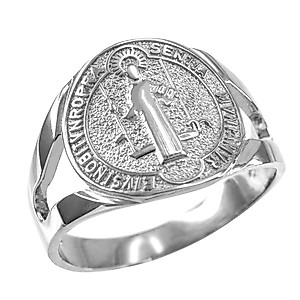 Religious Jewelry by LABLINGZ 10K White Gold Saint Benedict Medallion Ring (Size 9)