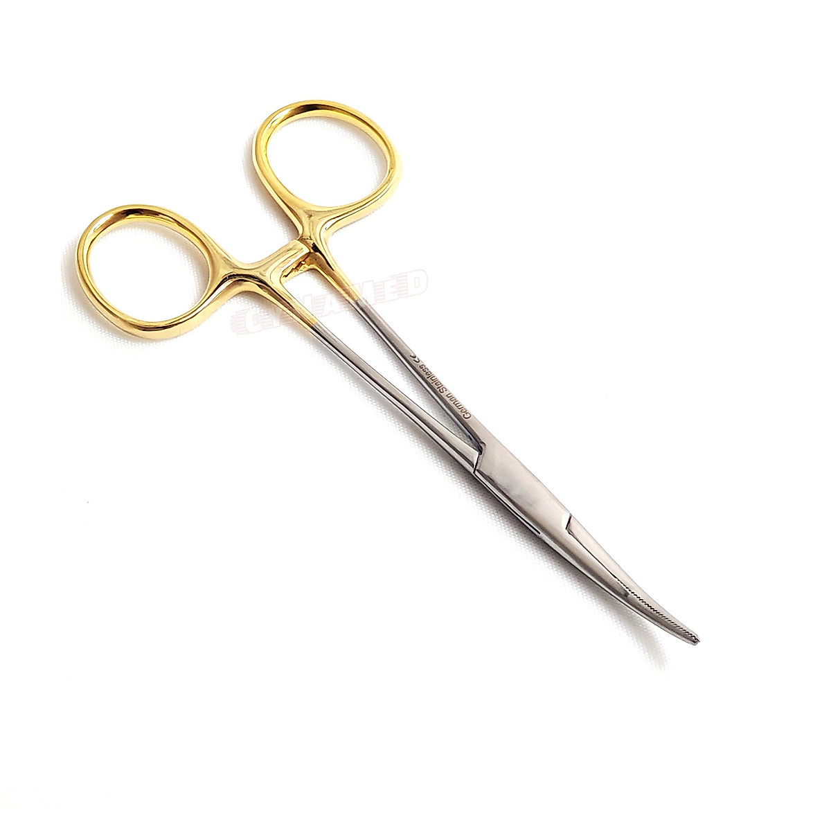 Premium German Stainless- Set of 2 PCS Gold Handle Mosquito Locking HEMOSTAT Forceps Straight + Curved 5"-Cynamed