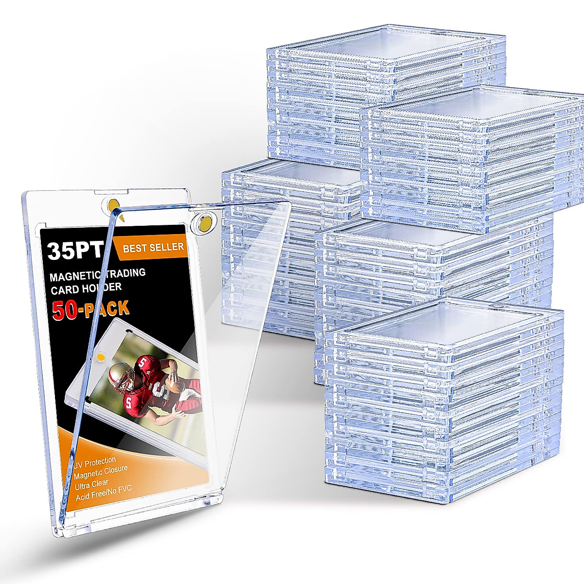 50 Pack Magnetic Card Holders for Trading Cards, One Touch Magnetic Card Holder 35pt, Baseball Card Holder Hard Plastic Card Cases for Baseball Card Sports Cards
