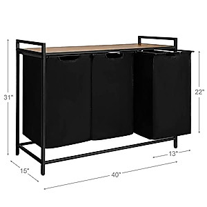 Graciadeco Pull Out Laundry Hamper 3 Compartment Laundry Sorter with Shelf 3 Section Laundry Basket with 3 x 16 Gallons Removable Bags, Black