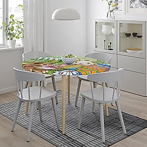 Round Tablecloth Cute Easter Bunny Fitted Elastic Waterproof Wipeable Table Cloth Cover Decor Table Pad Cover for Party Dinning Room Picnic-Small