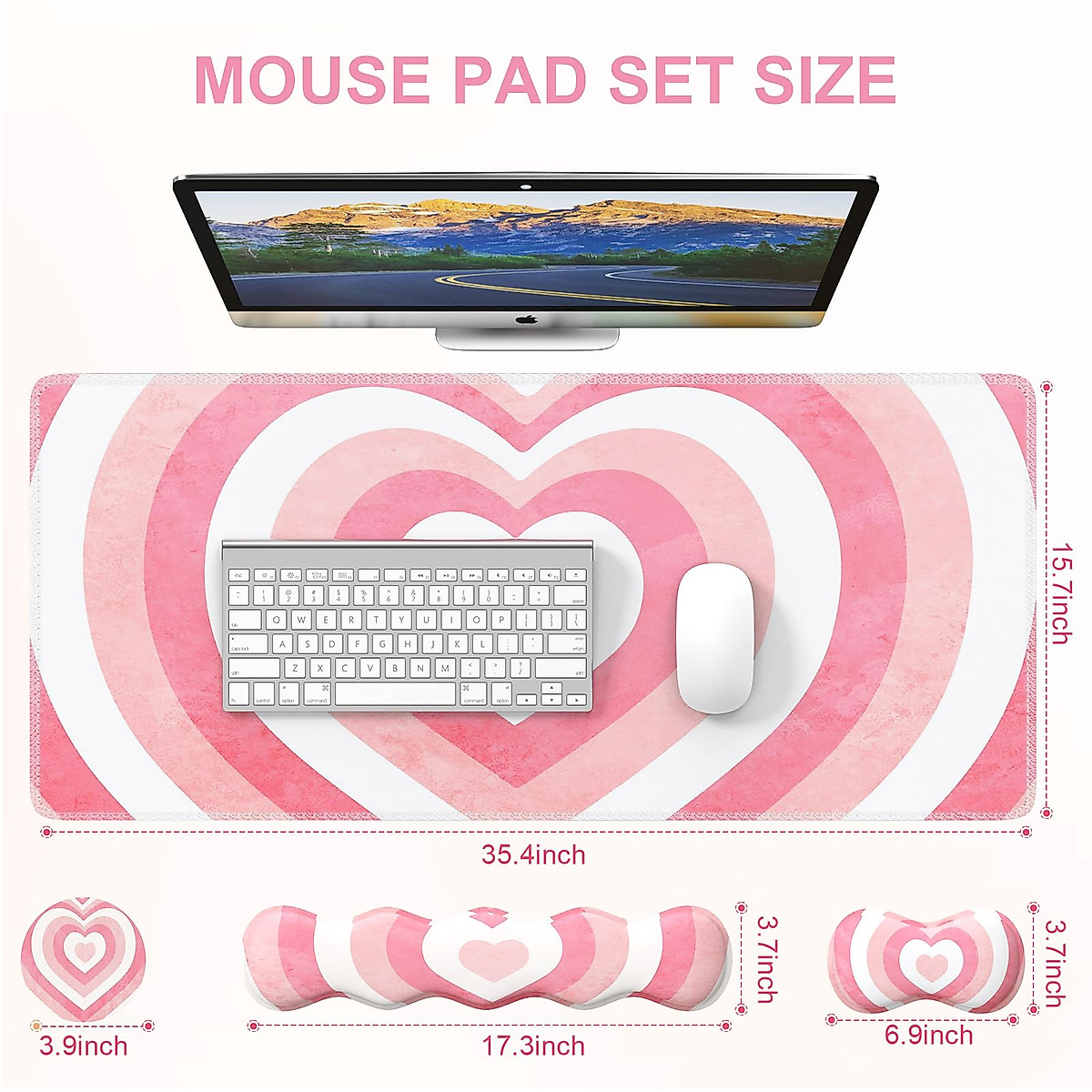 iLeadon Keyboard Mouse Pad Set, Large Gaming Mouse Pad + Keyboard Wrist Rest + Mouse Pad with Wrist Support + Coaster, Easy Typing Pain Relief, Desk Mat Set, Valentines Day Gifts for Her, Pink Heart