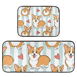 Emelivor Cute Corgi Kitchen Rugs and Mats Set 2 Piece Non Slip Washable Runner Rug Set of 2 for Floor Home Kitchen Laundry Decorative