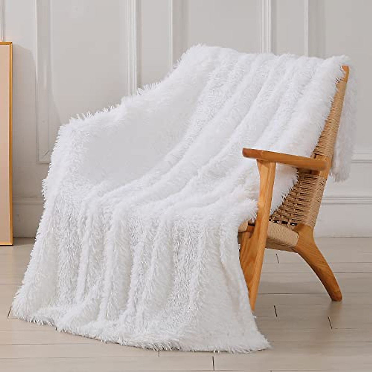 Decorative Extra Soft Faux Fur Throw Blanket 50" x 60",Solid Reversible Fuzzy Lightweight Long Hair Shaggy Blanket,Fluffy Cozy Plush Fleece Comfy Microfiber Fur Blanket for Couch Sofa Bed,Pure White