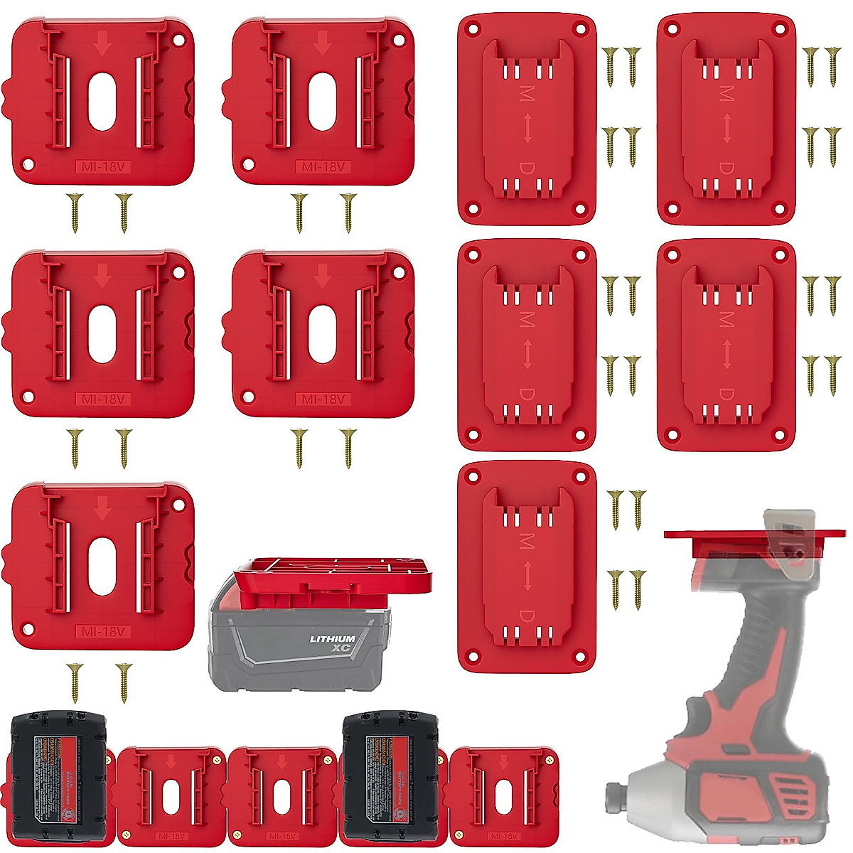 TAIRDA 10Packs Battery Holder Tool Holder, 5 Packs Battery Holder for Milwaukee M18 18v Battery, 5 Packs Tool Holder Wall Mount for Milwaukee M18 18v Tools