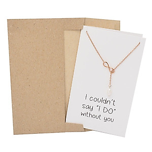Quan Jewelry Handmade Maid of Honor Gift, Infinity and Pearl Lariat Necklaces, Bridesmaids Necklace with Greeting Card, Rose Gold Tone