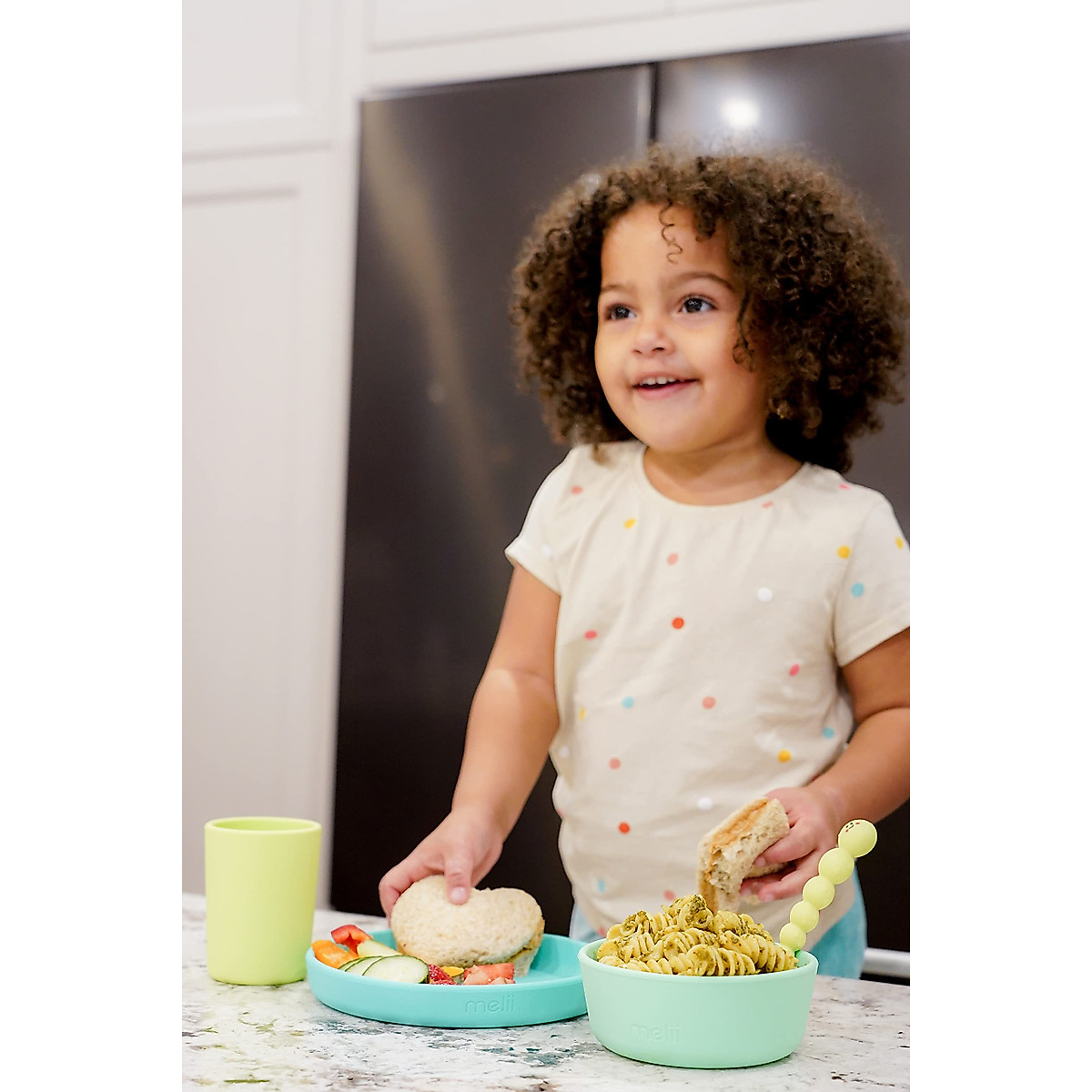 melii Non-Suction Silicone Plate, Bowl and Cup Set for Toddlers, Kids and Children (Lime, Mint, Blue)