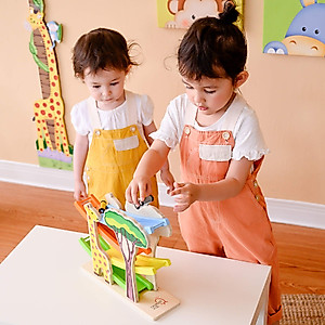 Teamson Kids Preschool Play Lab Wooden Safari Ramp Racer with Animal Print Cars, Multicolor