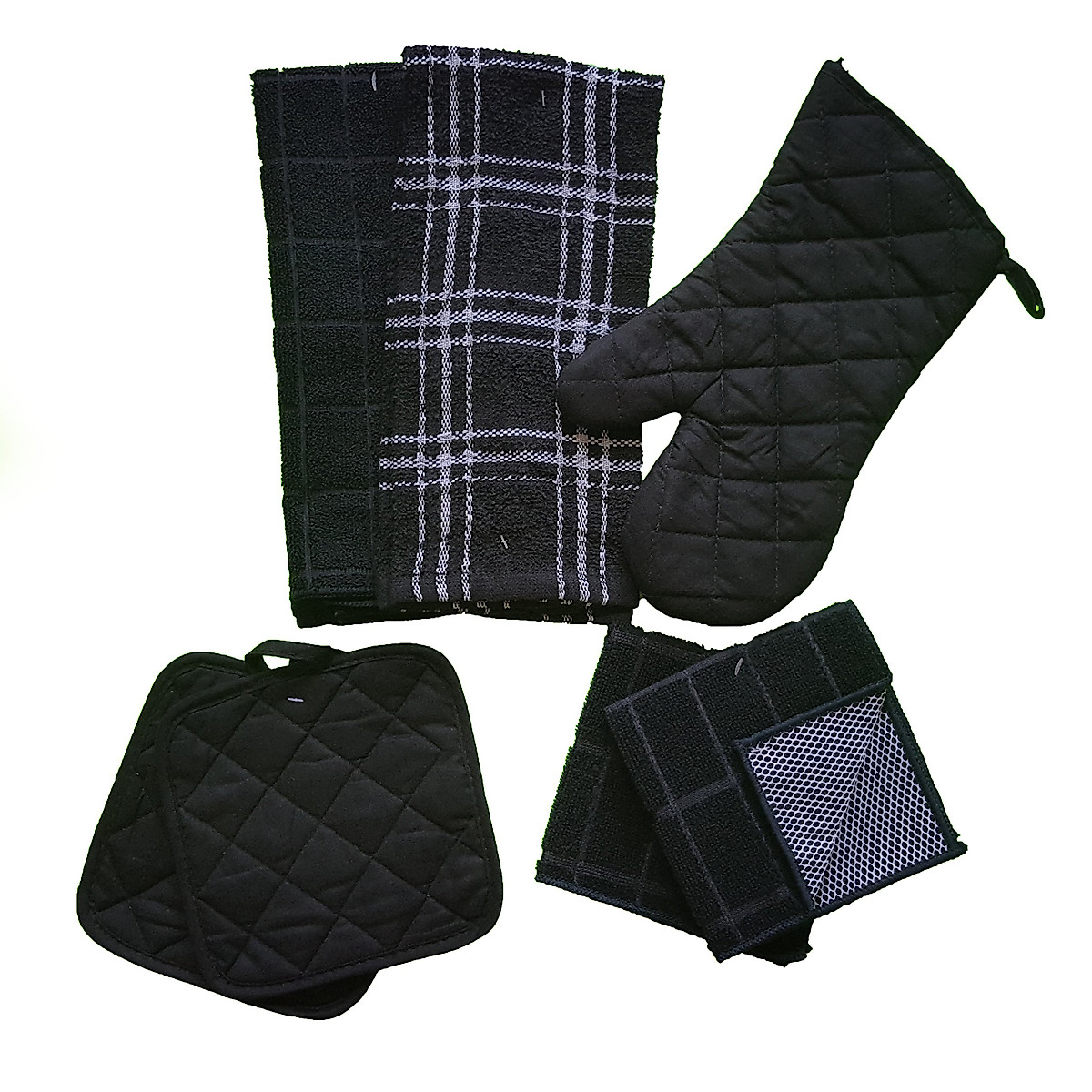 The Spotted Moose Kitchen Linen Set Black/White 7 Piece Bundle – 2 Dish Towels, 2 Dishcloths, 2 Potholders, and 1 Oven Mitt
