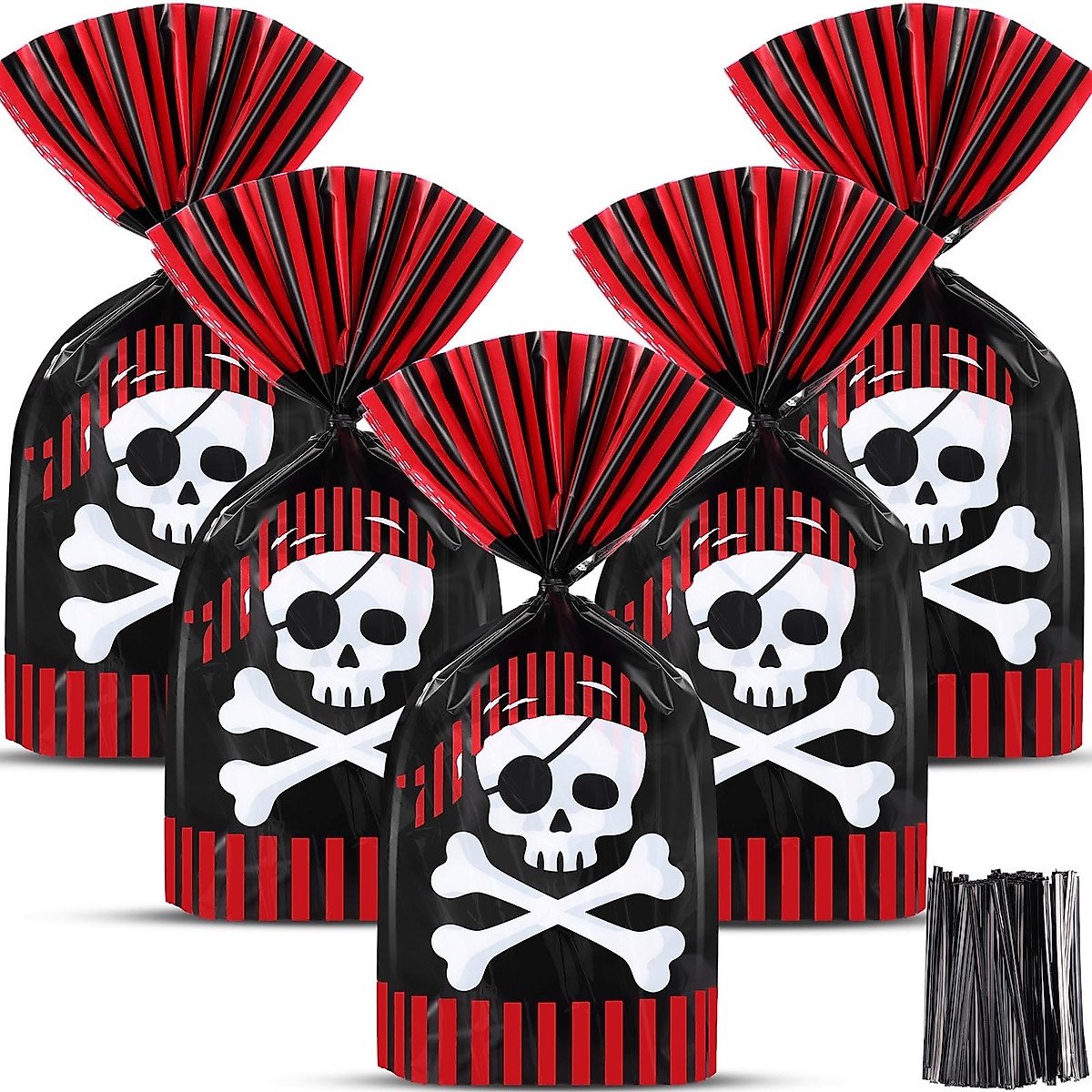 Outus 150 Pcs Halloween Cellophane Treat Bags Halloween Cellophane Bag Block Bottom Halloween Candy Bags with 300 Pcs Twist Ties for Snacks Cookies Halloween Party Favor Supplies (Skeleton)