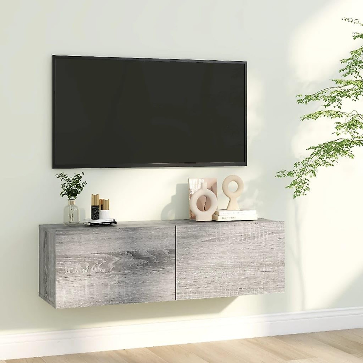 vidaXL Gray Sonoma Wall-Mounted TV Cabinet - Chic Floating Media Unit with 2 Compartments - Easy Clean Engineered Wood - Storage Solution for DVDs, Magazines and More - 39.4"x11.8"x11.8".