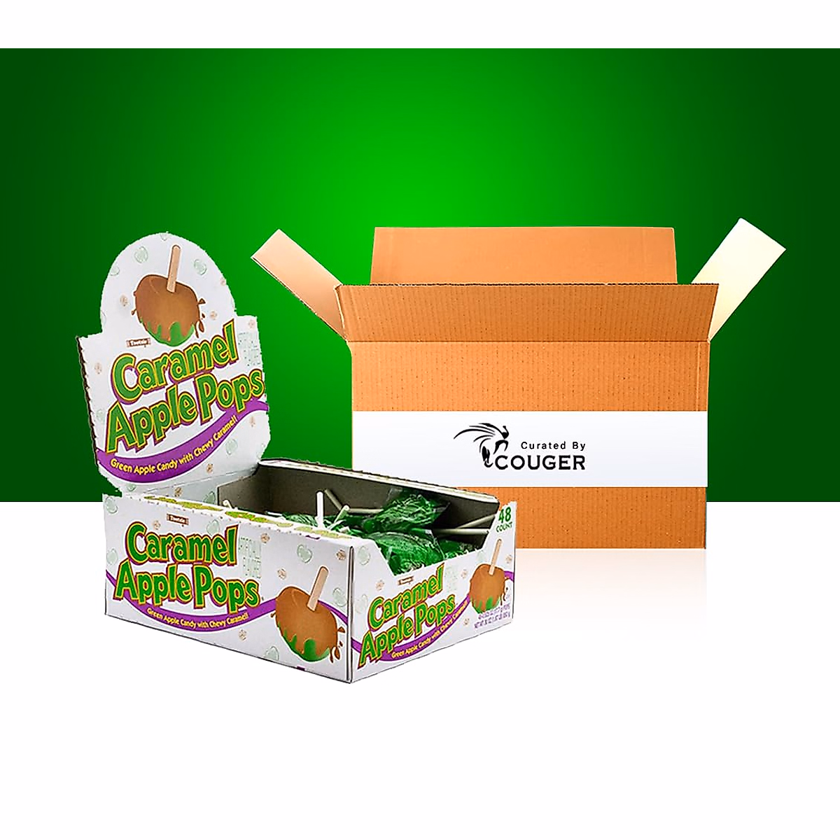Tootsy-Roll Caramel Apple Pops - Caramel Covered Green Apple Candy Lollipops - Gluten Free Candy with Display Box Package with Couger Card Bundle - 48 Count