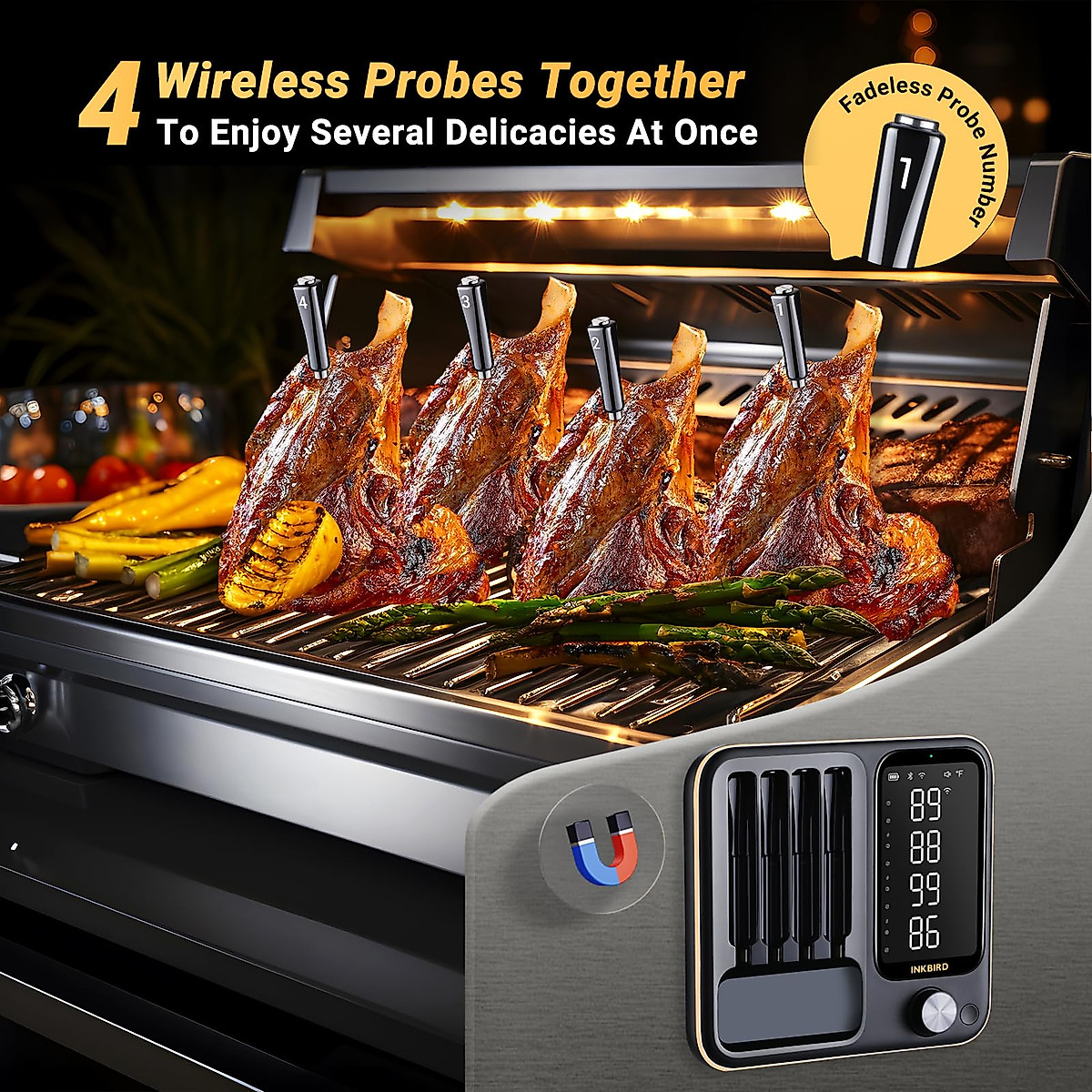 Inkbird Grill Thermometer,Bluetooth Smoker Thermometer,Cooking Digital BBQ Thermometer with 150FT,Alarm and Timer Kitchen Meat Thermometer for Grilling,Roasting,Oven,3 Meat Probes and 1 Oven Probe