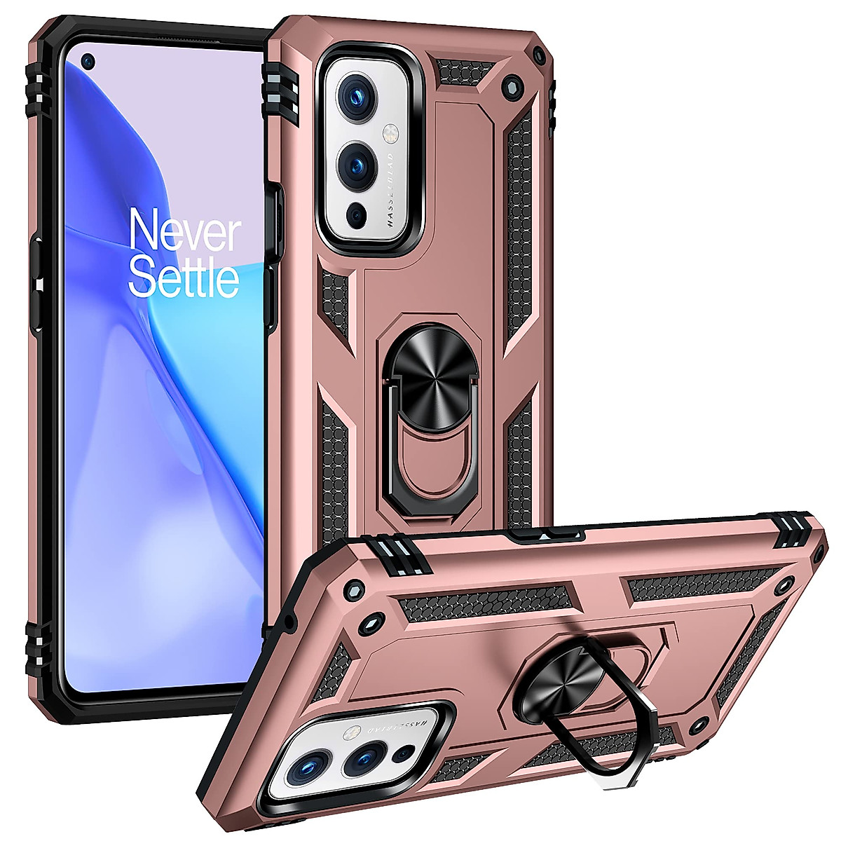 Dionsibei Military Grade Drop Impact for Oneplus 9 Case Oneplus 9 5G Case 360 Metal Rotating Ring Kickstand Holder Armor Heavy Duty Shockproof Case for Oneplus 9 Phone Case (Rose Gold)