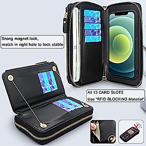 Lacass Dual Zipper Leather Wallet Case Card Slots [Cards Theft Scan Protection] Detachable Magnet Phone Cover Money Pocket Crossbody Chain Lanyard for iPhone 12/12 Pro (Black)