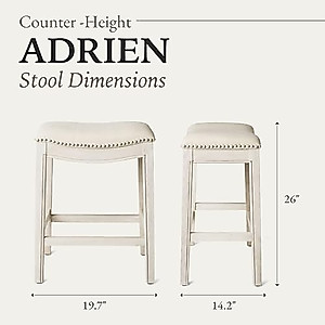 Maven Lane Adrien 26 Inch Counter Height Upholstered Backless Saddle Barstool in White Oak Finish with Natural Color Fabric Cushion Seat, Set of 2