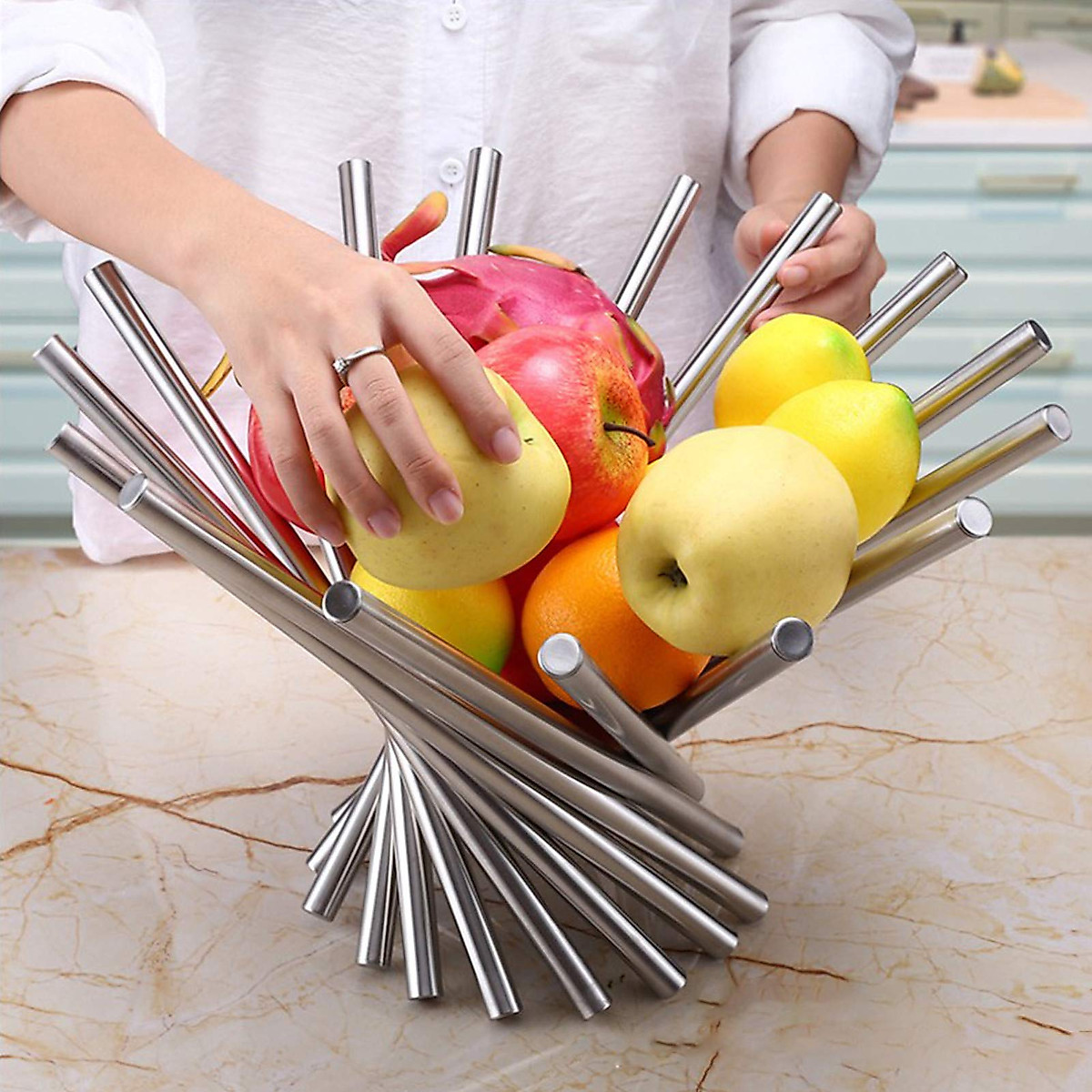 Stainless Steel Fruit Basket,Creative Fruit Bowl For Kitchen Worktop Dining Table Chrome Plated Fruit Holder With Large Capacity