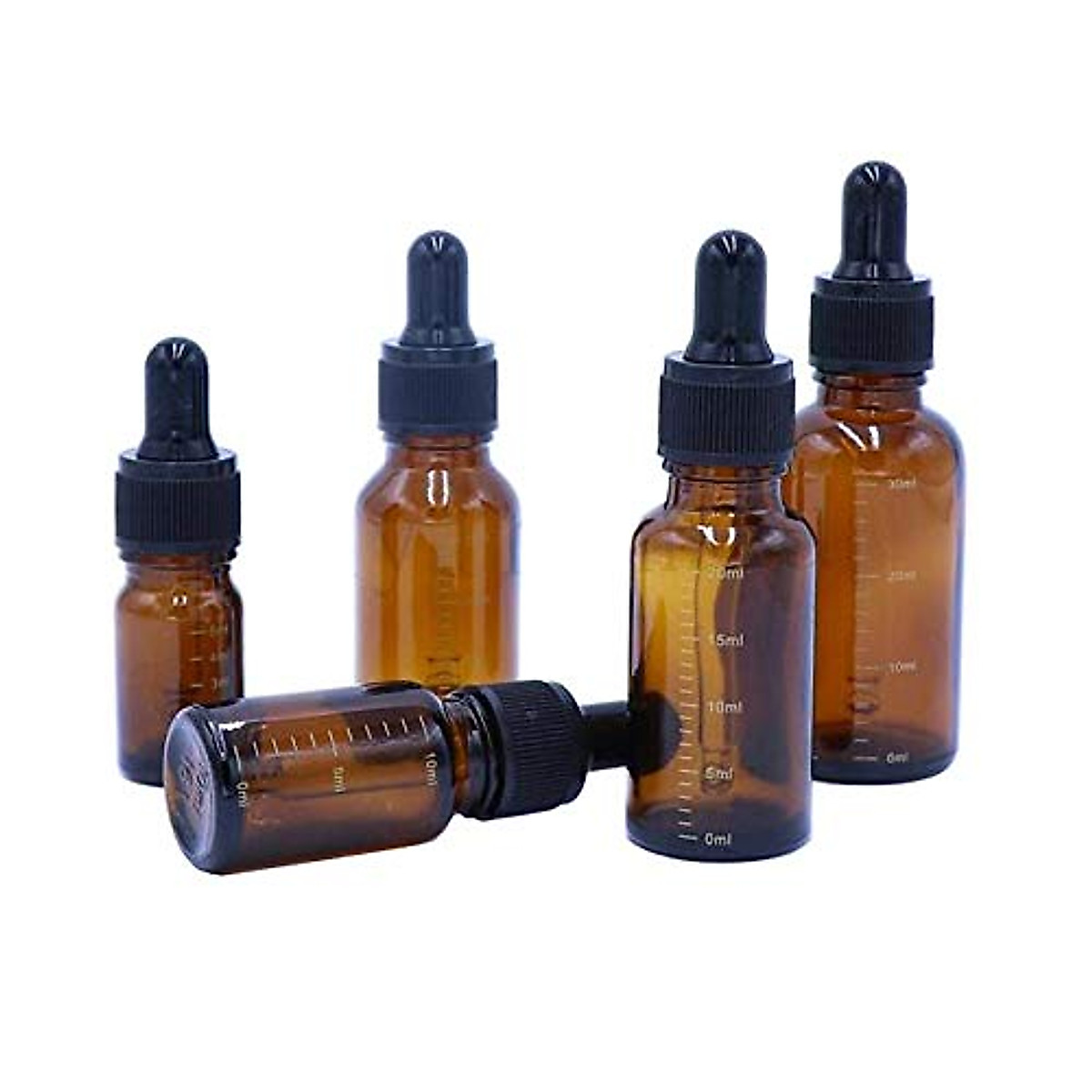 QUUPY 3PCS Portable Amber Glass Graduated Scale Dropping Bottle Vials With Black Rubber Cap And Glass Dropper Pipette For Cosmetic Perfumes Essential Oils Liquids Storage