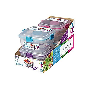 Sistema To Go Collection Salad to Go Food Storage Container (2 Pack), 37 oz, Clear with Assorted Color Accents