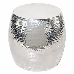 Deco 79 Aluminum Metal Side End Accent Table Drum Shaped End Table with Hammered Design, Side Table 14" x 14" x 16", Silver