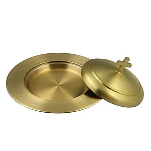 Communion Ware 2 Holy Wine Serving Trays with A Lid & 2 Stacking Bread Plates with A Lid + 80 Cups - Stainless Steel (Brass/Gold)
