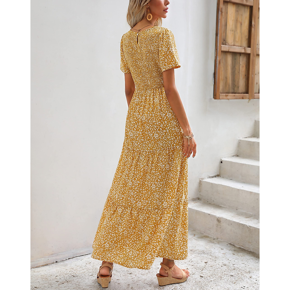 Maggeer Womens 2025 Summer Spring Wedding Guest Long Dresses Boho Maternity Baby Shower Mothers Day Smocked Floral Maxi Dress with Sleeves Mustard XS