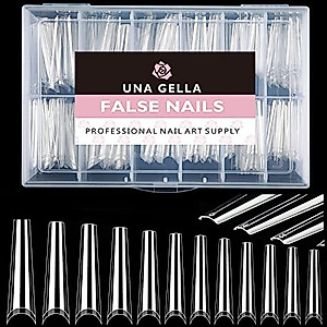 UNA GELLA Fake False Coffin Nails Tips No C Curve 216PCS Extra Long Acrylic Nail Tips For Nail Art / Extension, Home DIY Salon 12 Sizes Gelly Tips, Clear, XXL