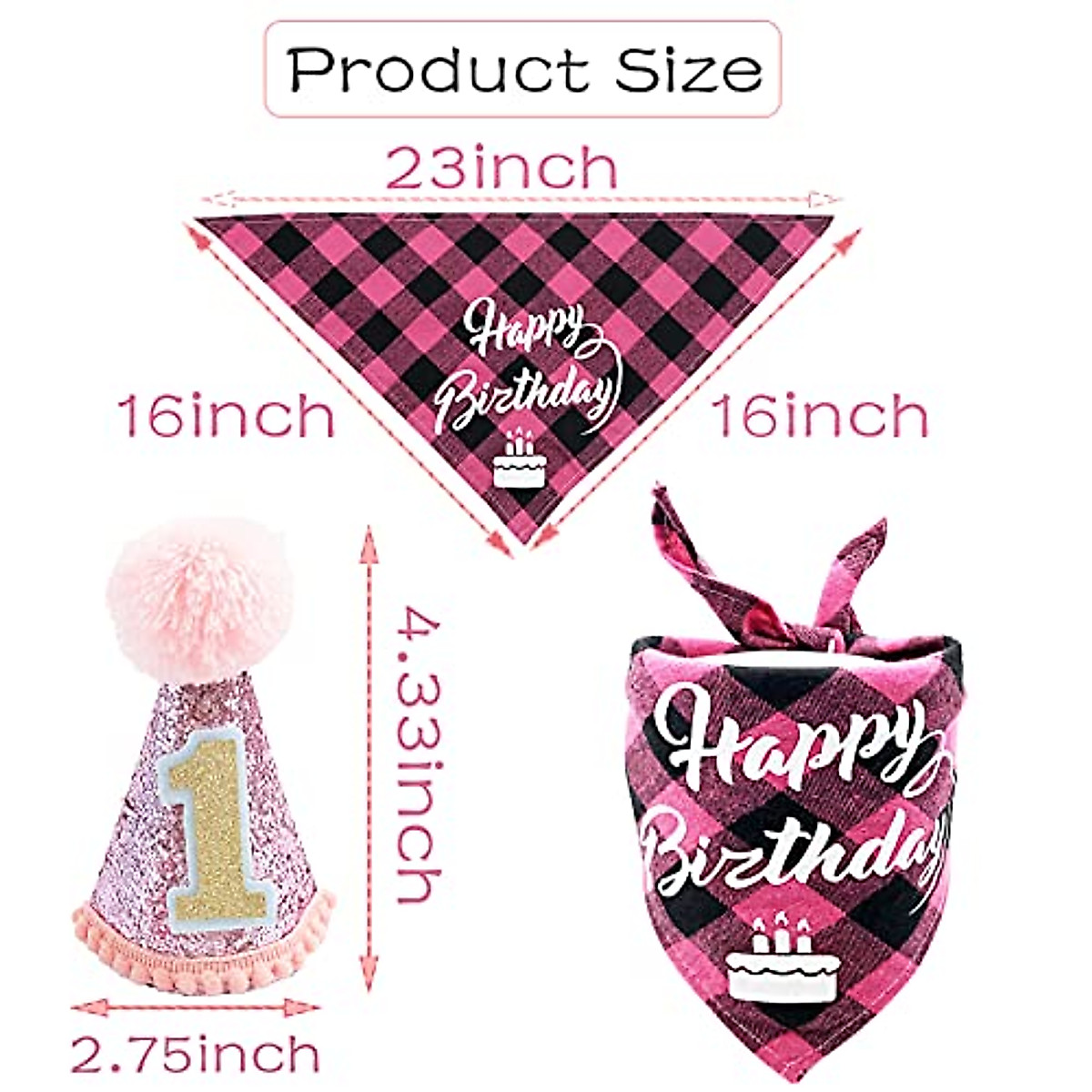 PET SHOW Pink Small Dog First Birthday Party Hat and Bandana Set for Puppies Cats 1 st Birthday Gift Cone Hat Headband Plaid Bandana Grooming Accessories Costume